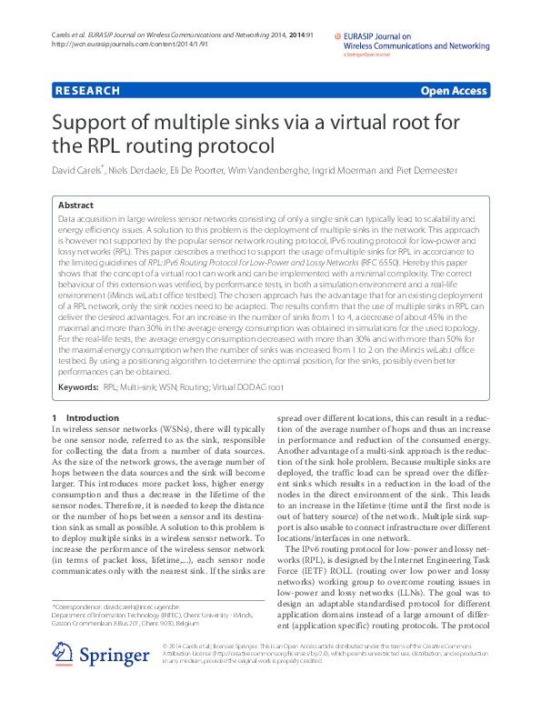 Pdf Support Of Multiple Sinks Via A Virtual Root For The Rpl Routing Protocol