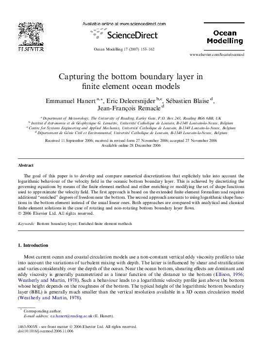 Pdf Capturing The Bottom Boundary Layer In Finite Element Ocean Models 