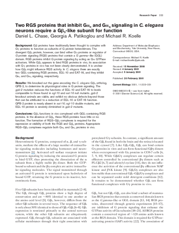 (PDF) Two RGS proteins that inhibit Gαo and Gαq signaling in C. elegans ...