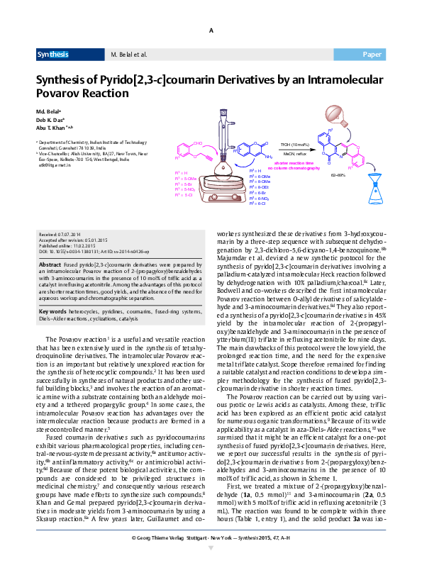 (PDF) Synthesis of Pyrido[2,3-c]coumarin Derivatives by an Intramolecular Povarov Reaction