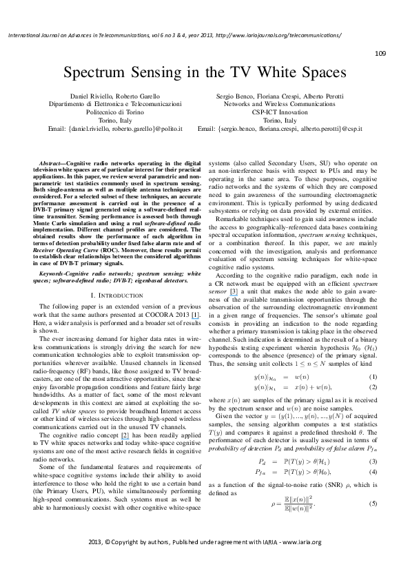 (PDF) Spectrum Sensing in the TV White Spaces