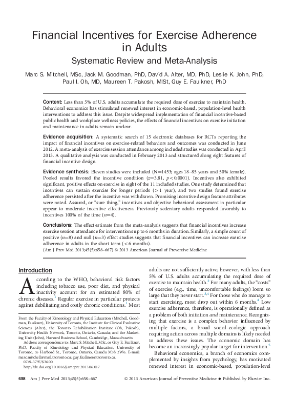 (PDF) Financial incentives for exercise adherence in adults: Systematic ...