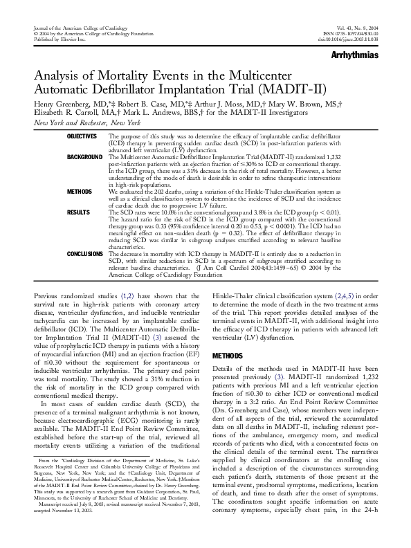 (PDF) Analysis of mortality events in the multicenter automatic ...