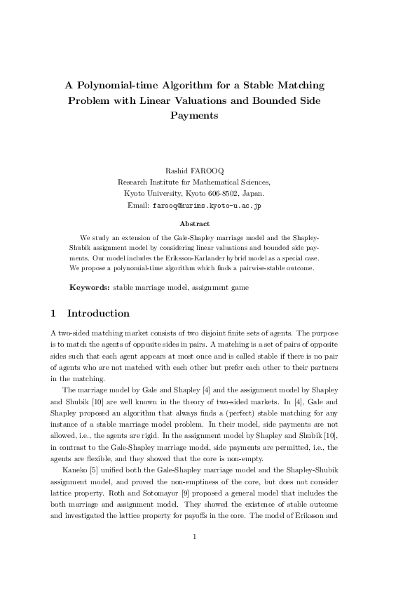 (PDF) A polynomial-time algorithm for a stable matching problem with linear valuations and ...