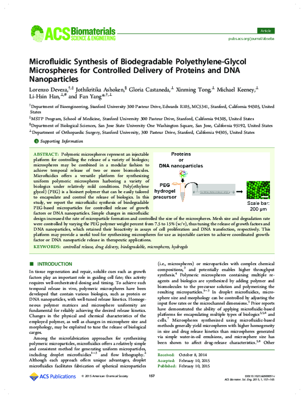 (PDF) Microfluidic Synthesis of Biodegradable Polyethylene-Glycol Microspheres for Controlled ...