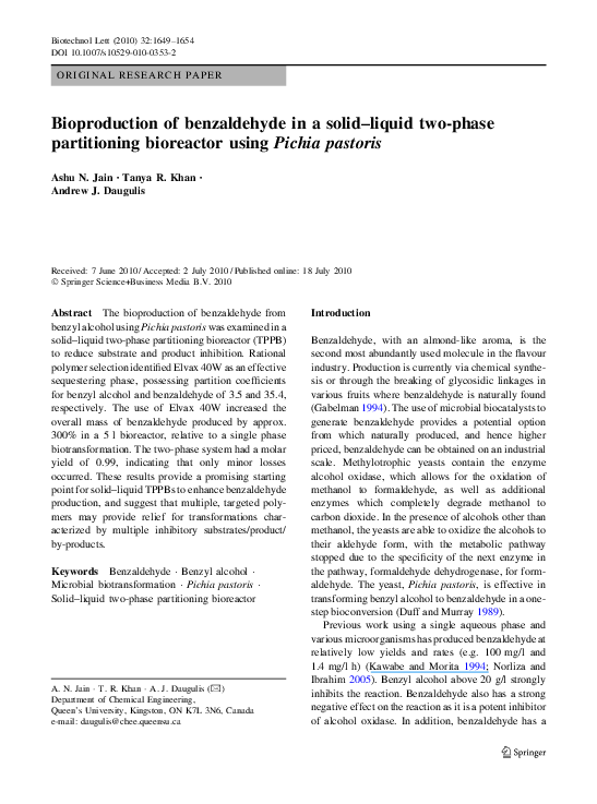 (PDF) Bioproduction of benzaldehyde in a solid–liquid two-phase ...
