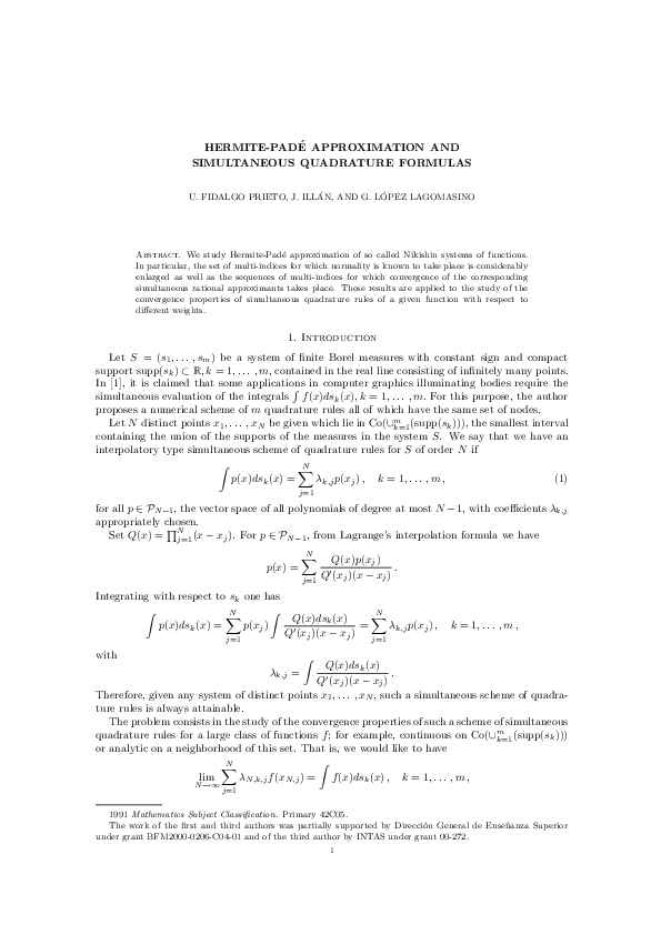 (PDF) Hermite-Pade' approximation and simultaneous quadrature formulas