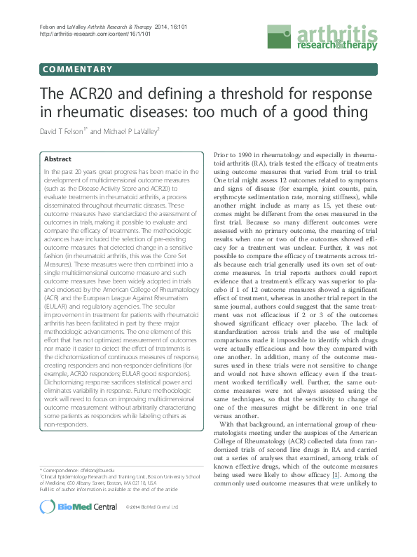 (PDF) The ACR20 and defining a threshold for response in rheumatic ...