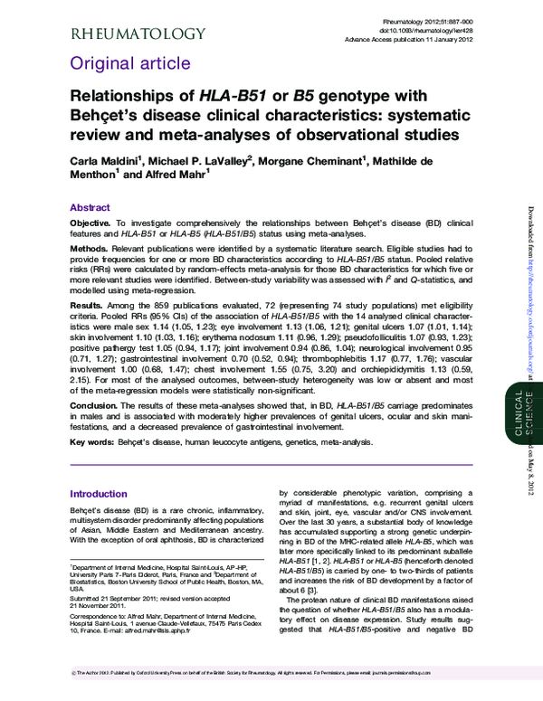 Pdf Relationships Of Hla B51 Or B5 Genotype With Behcets Disease Clinical Characteristics