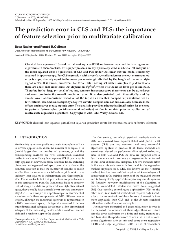 Pdf The Prediction Error In Cls And Pls The Importance Of Feature Selection Prior To
