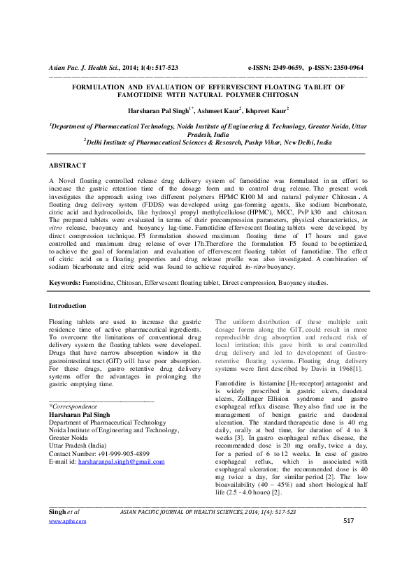 Pdf Formulation And Evaluation Of Effervescent Floating Tablets Of