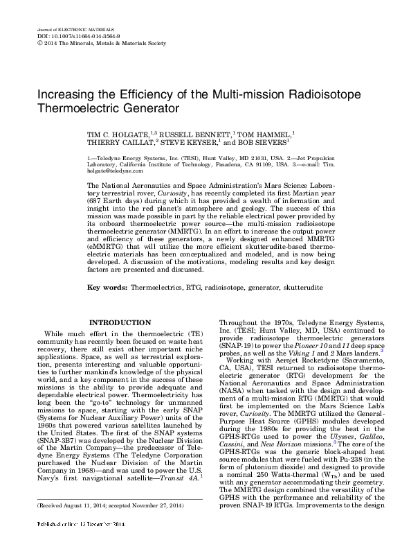 (PDF) Increasing the Efficiency of the Multi-mission Radioisotope ...