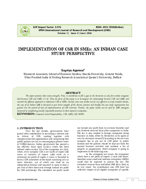 (PDF) Implementation of CSR in SMEs An Indian Case Study Perspective