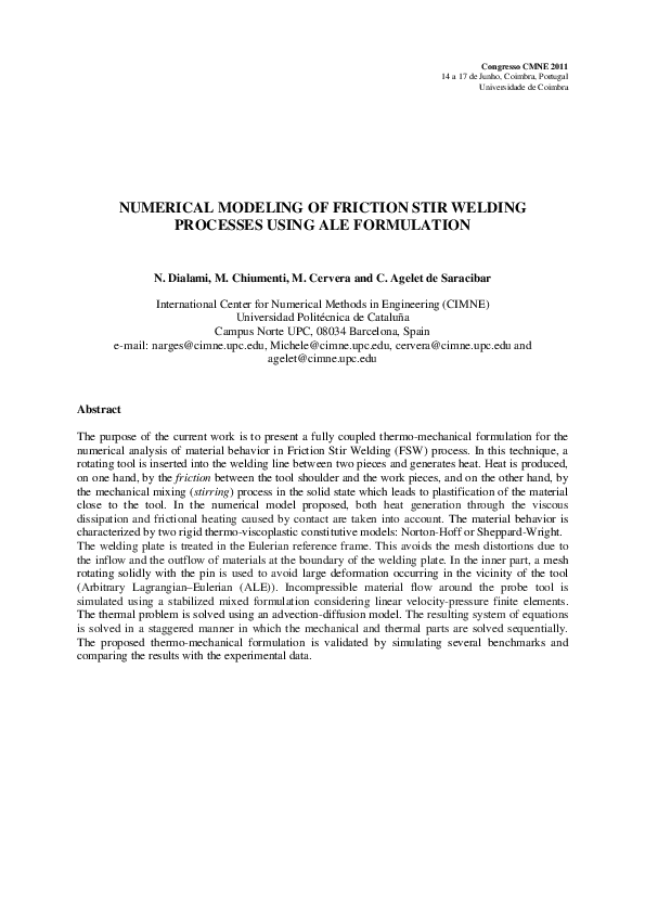 (PDF) Numerical modeling of friction stir welding processes using ALE formulation