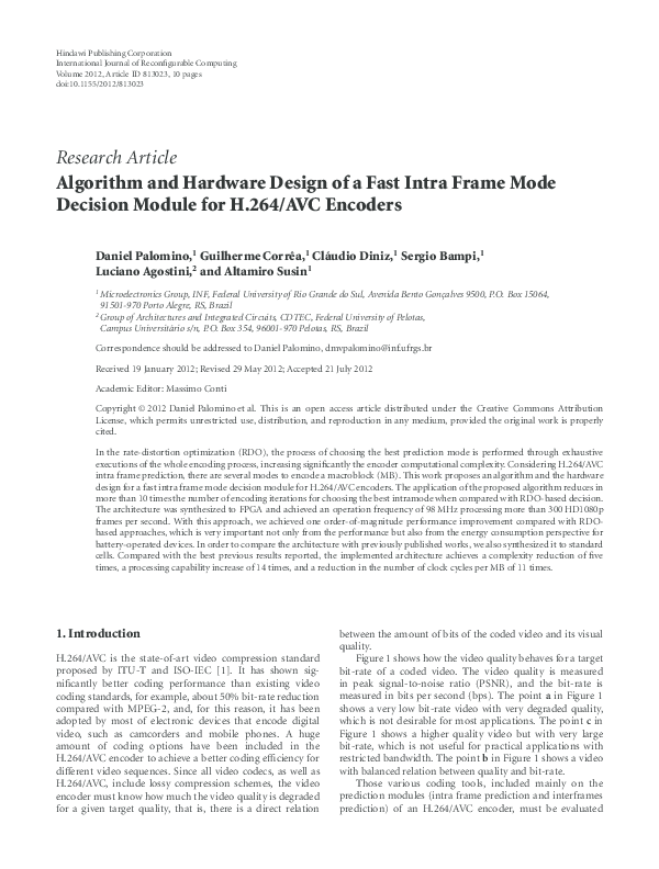 (PDF) Algorithm and hardware design of a fast intra-frame mode decision module for h.264/AVC ...