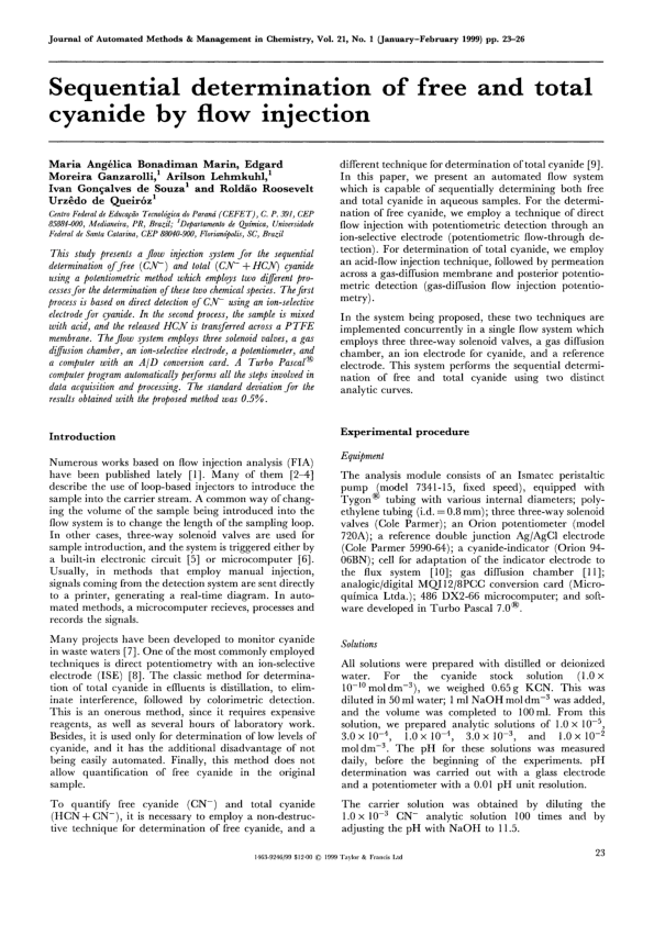 Pdf Sequential Determination Of Free And Total Cyanide By Flow Injection
