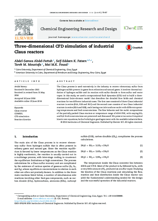 Pdf Three Dimensional Cfd Simulation Of Industrial Claus Reactors