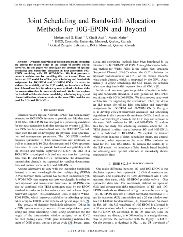 Pdf Joint Scheduling And Bandwidth Allocation Methods For 10g Epon And Beyond