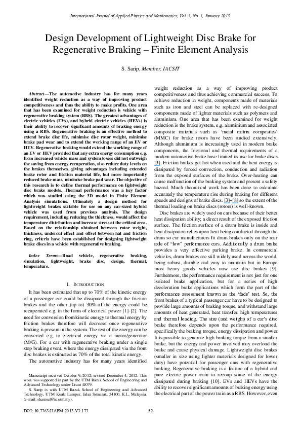 (PDF) Design development of lightweight disc brake for regenerative braking finite element analysis