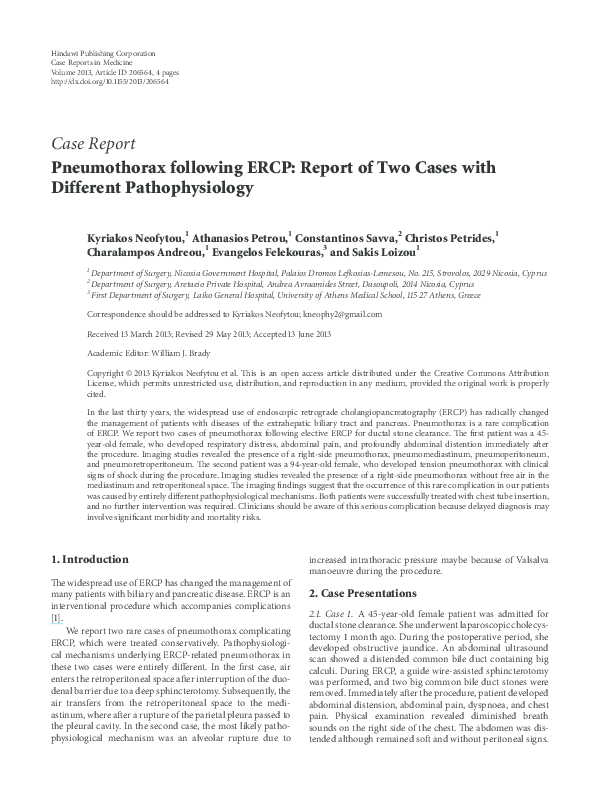 (PDF) Pneumothorax following ERCP: Report of Two Cases with Different ...