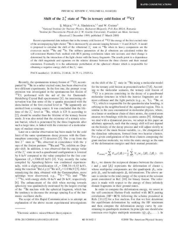 (PDF) Shift of the 21+ state of 10Be in ternary cold fission of 252Cf
