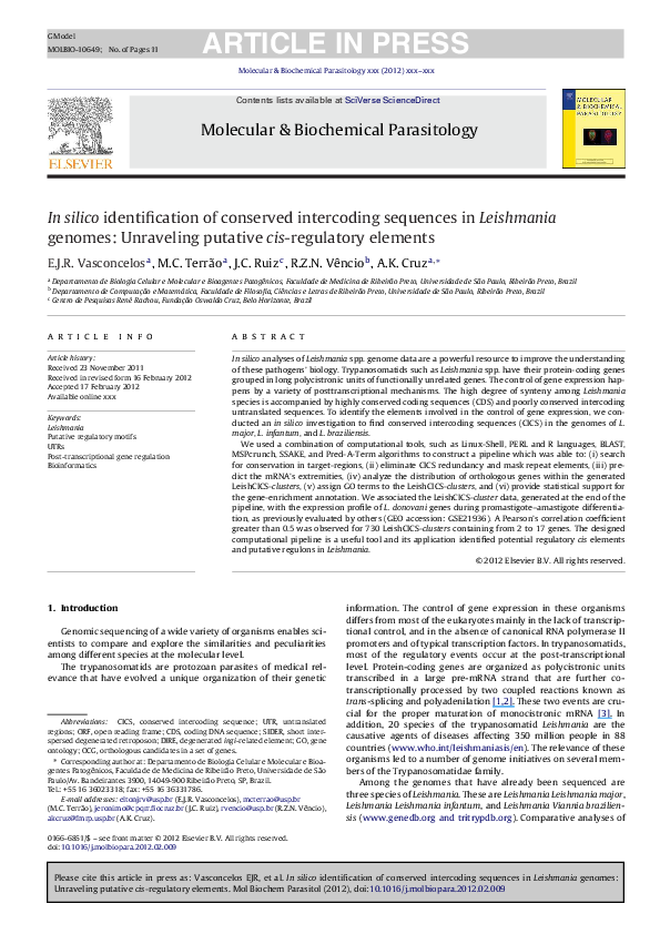 (PDF) In silico identification of conserved intercoding sequences in Leishmania genomes ...