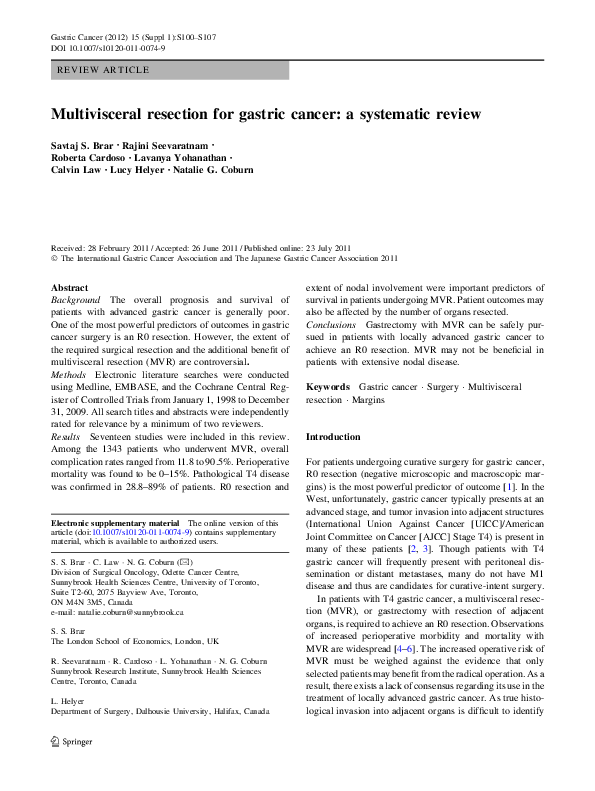 (PDF) Multivisceral resection for gastric cancer: a systematic review