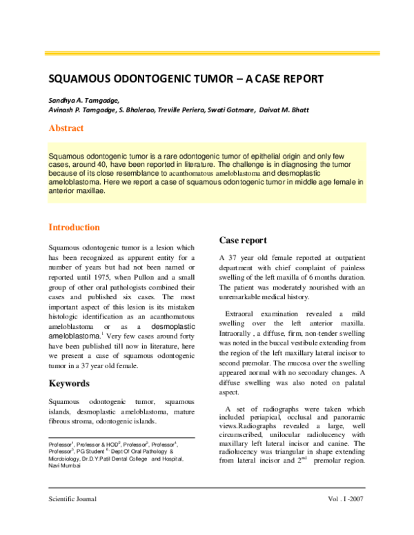 (PDF) Squamous Odontogenic Tumor: A case report