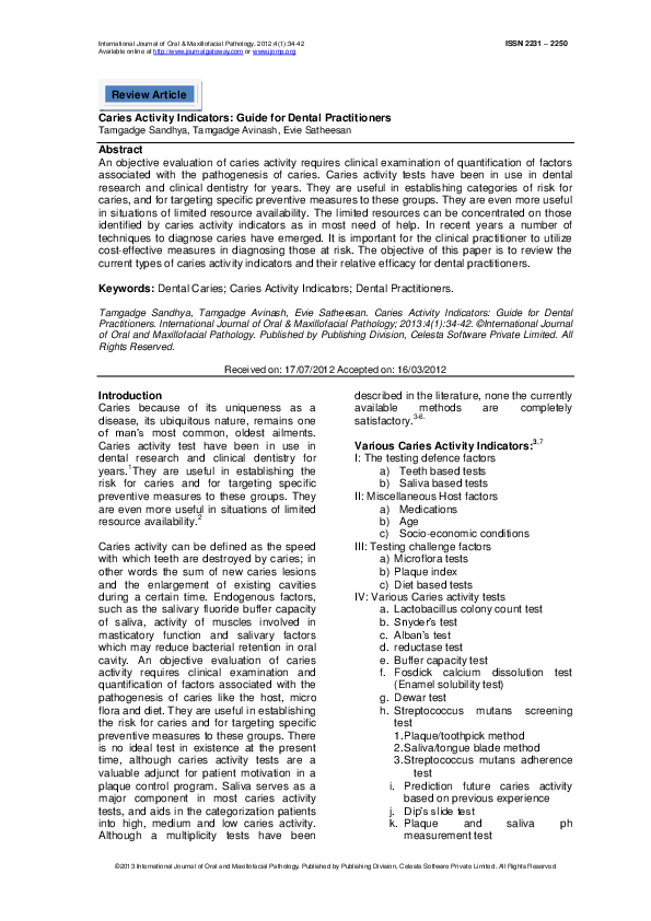 (PDF) Caries Activity Indicators: Guide for Dental Practitioners