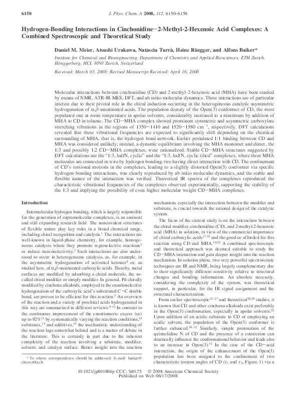 (PDF) Hydrogen-Bonding Interactions in Cinchonidine−2-Methyl-2-Hexenoic Acid Complexes: A ...