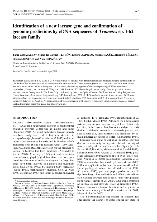 (PDF) Identification of a new laccase gene and confirmation of genomic predictions by cDNA ...