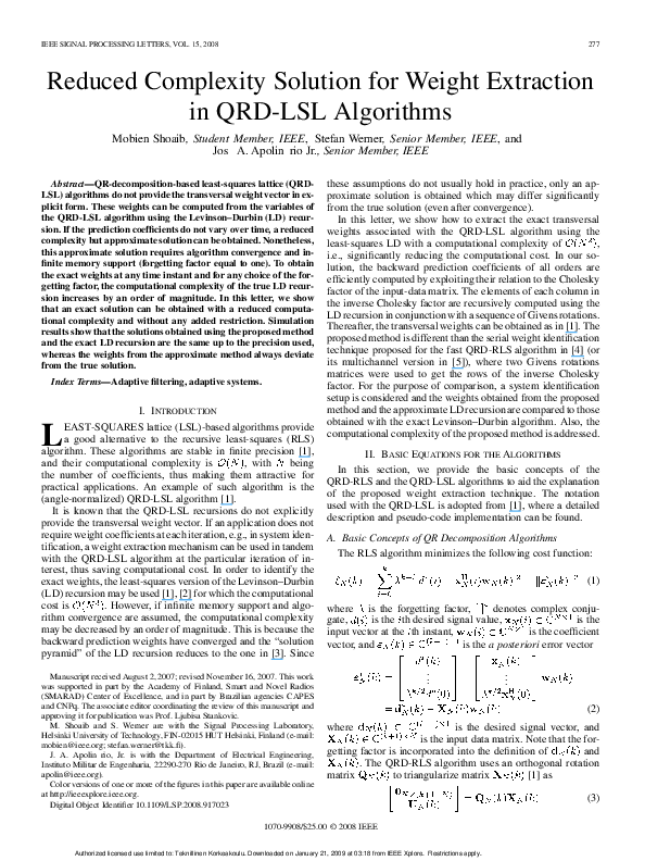 (PDF) Reduced Complexity Solution for Weight Extraction in QRD-LSL Algorithms
