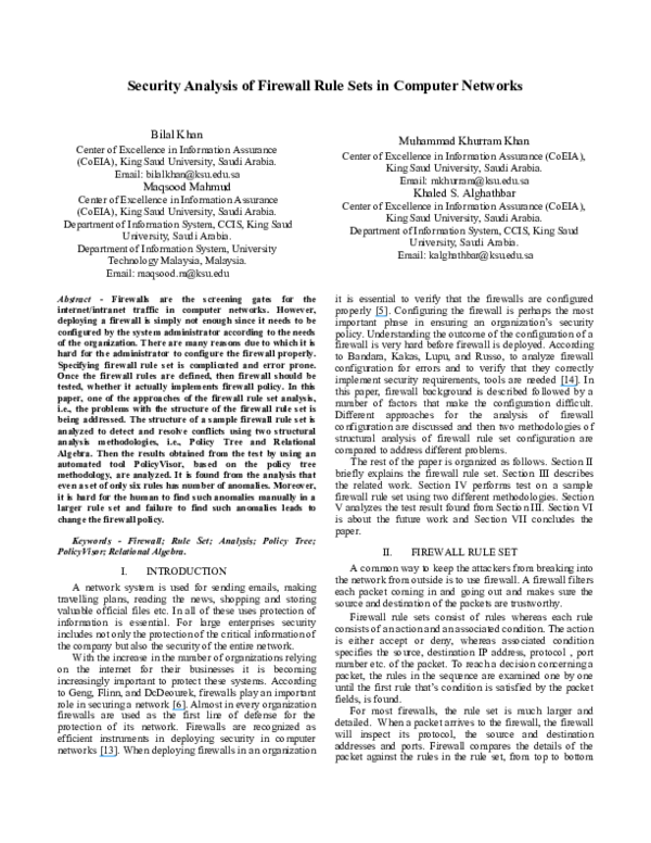 (PDF) Security Analysis of Firewall Rule Sets in Computer Networks