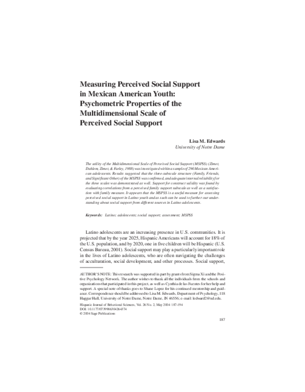 (PDF) Measuring Perceived Social Support in Mexican American Youth ...