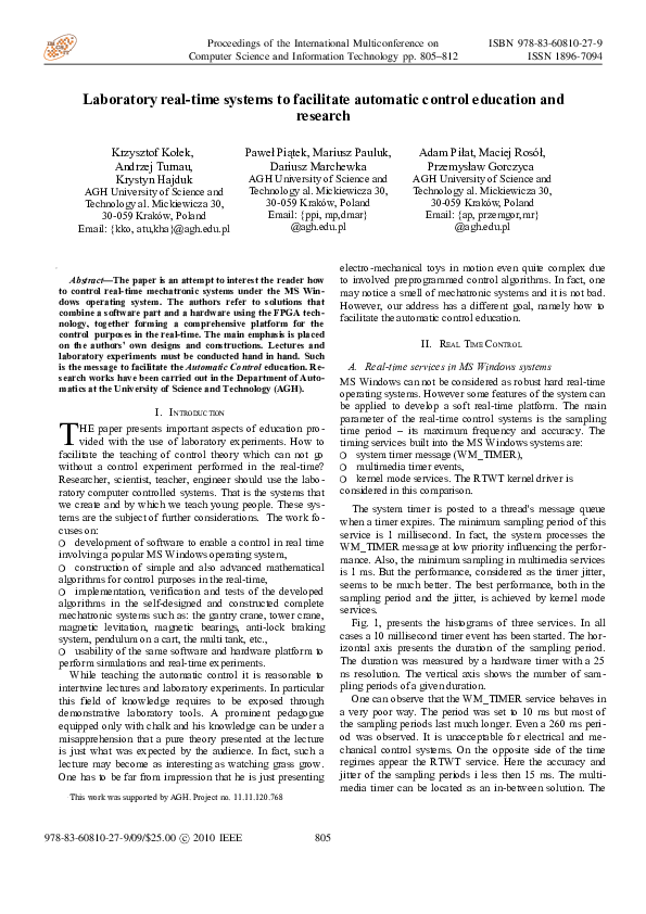 Pdf Laboratory Real Time Systems To Facilitate Automatic Control Education And Research