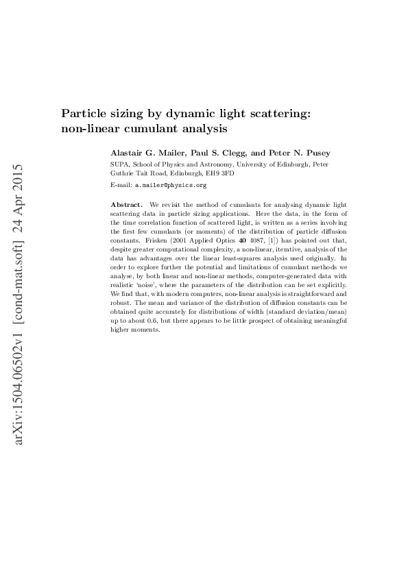 (PDF) Particle sizing by dynamic light scattering: non-linear cumulant analysis