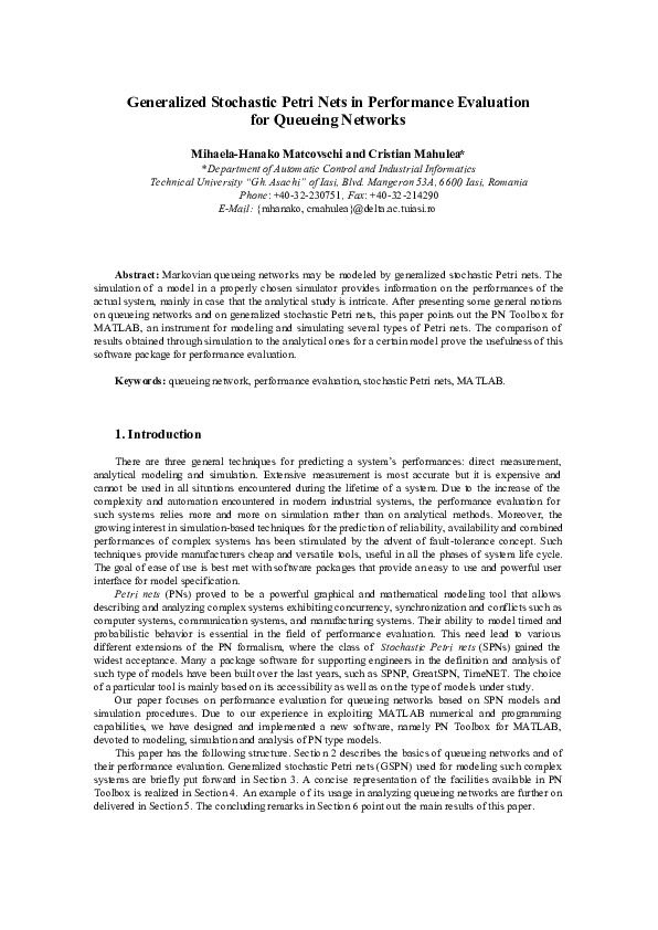(PDF) Generalized Stochastic Petri Nets in Performance Evaluation for Queueing Networks