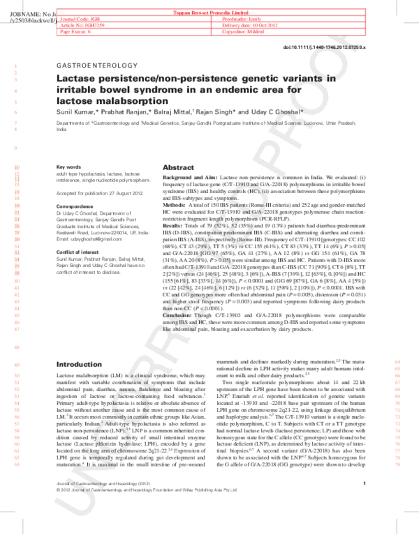 (PDF) Lactase persistence/non-persistence genetic variants in irritable ...