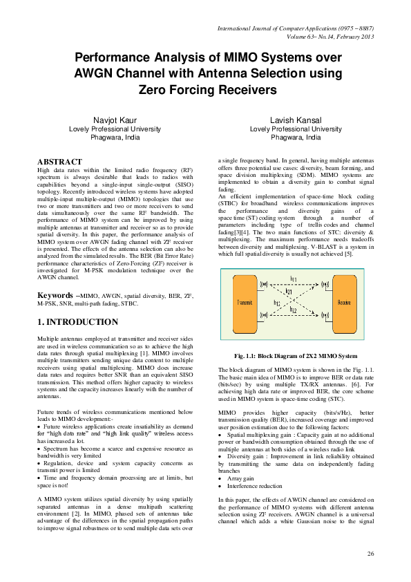 (PDF) Performance Analysis of MIMO Systems over AWGN Channel with Antenna Selection using Zero ...