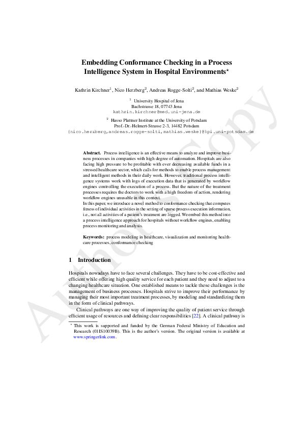 (PDF) Embedding Conformance Checking in a Process Intelligence System in Hospital Environments