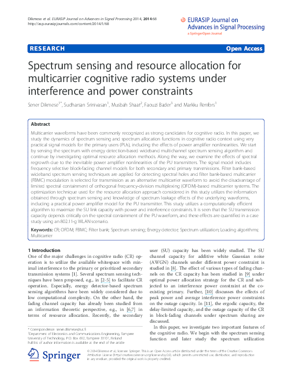(PDF) Spectrum sensing and resource allocation for multicarrier cognitive radio systems under ...