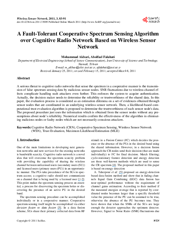 Pdf A Fault Tolerant Cooperative Spectrum Sensing Algorithm Over