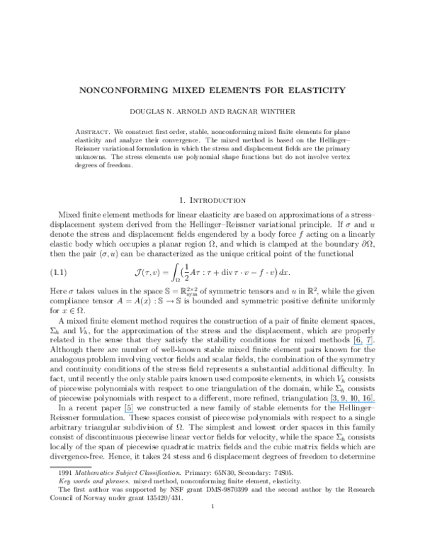 Pdf Nonconforming Mixed Elements For Elasticity Ragnar Winther