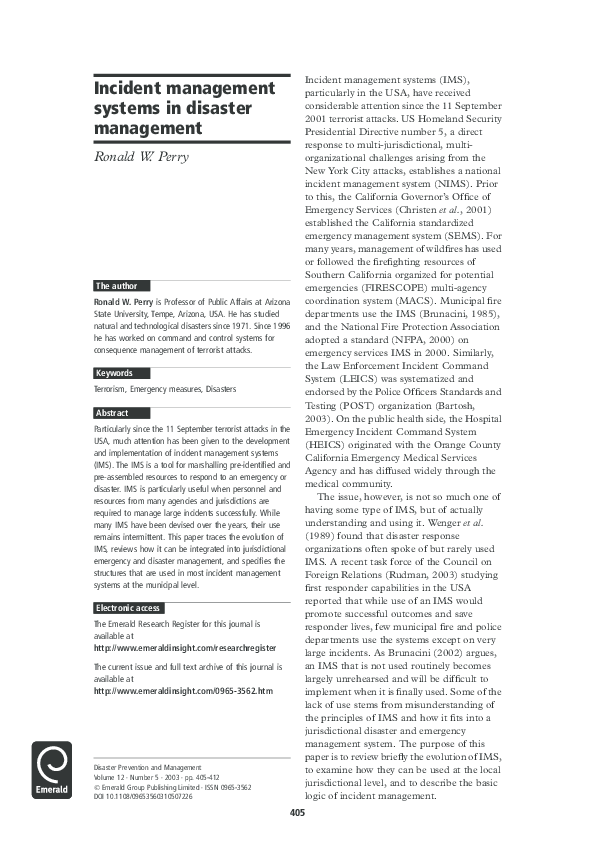 (PDF) Incident management systems in disaster management
