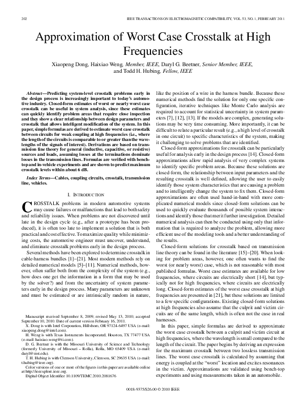 (PDF) Approximation of Worst Case Crosstalk at High Frequencies | Daryl Beetner - Academia.edu
