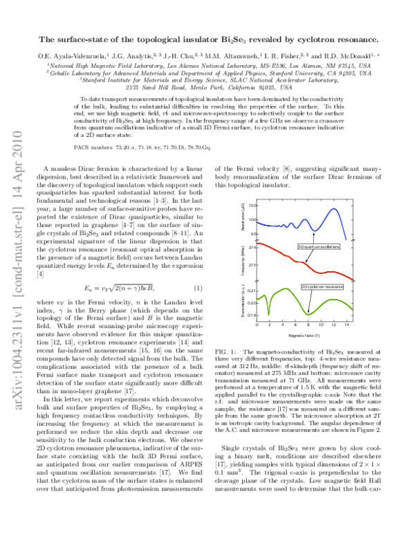 (PDF) The surface-state of the topological insulator Bi2Se3 revealed by cyclotron resonance