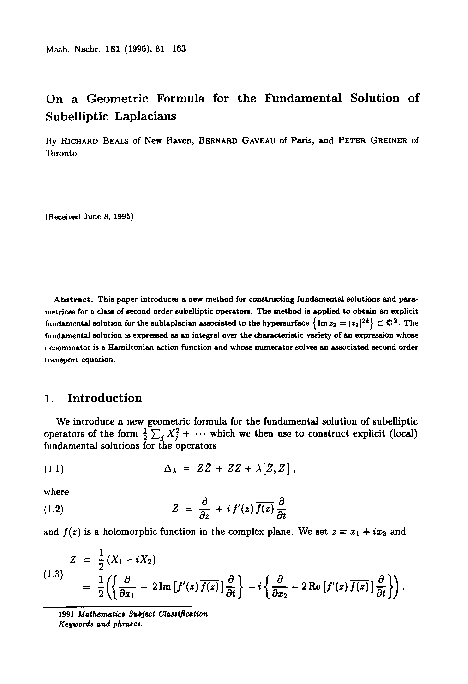 (PDF) On a Geometric Formula for the Fundamental Solution of Subelliptic Laplacians