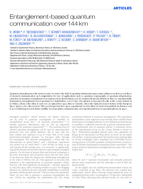 (PDF) Entanglement-based quantum communication over 144 km