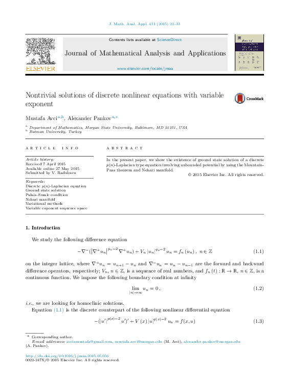 (PDF) Nontrivial solutions of discrete nonlinear equations with variable exponent