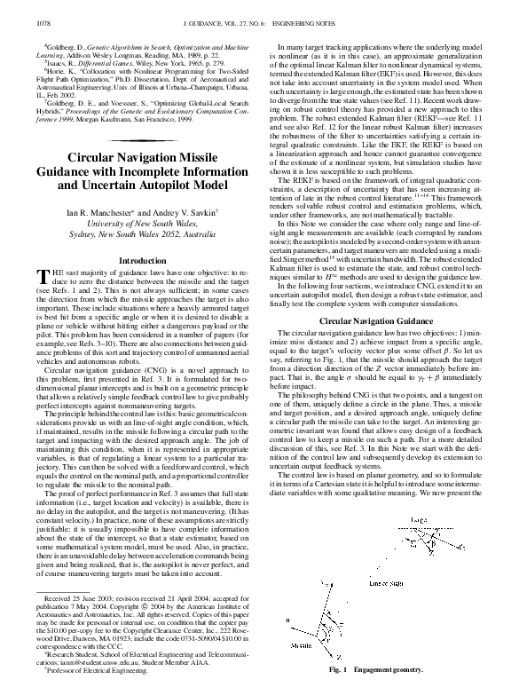 (PDF) Circular Navigation Missile Guidance with Incomplete Information and Uncertain Autopilot Model